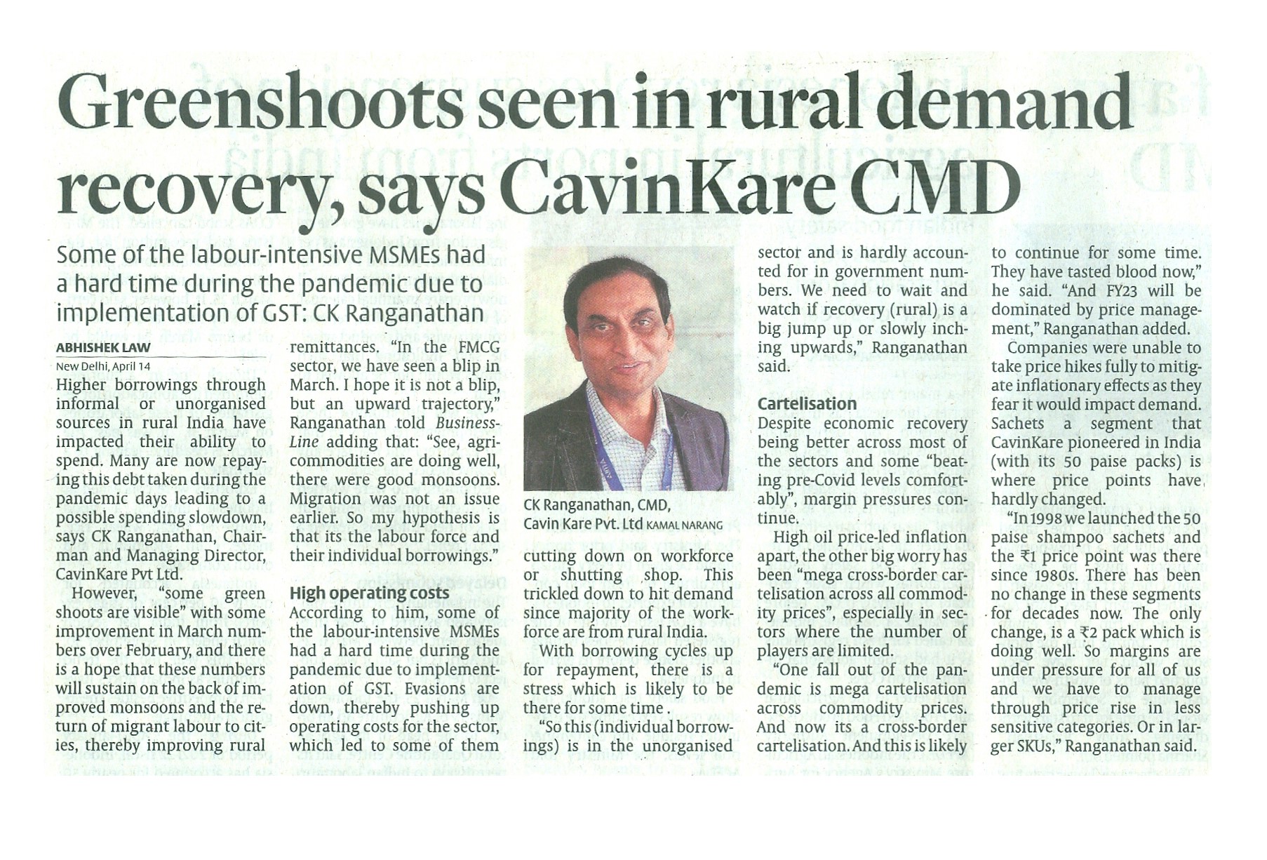 Greenshoots Seen in rural demand recovery , says Cavinkare CMD - Cavinkare
